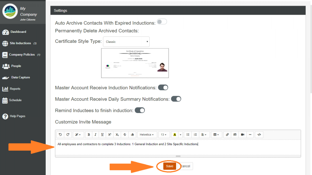 7-a Customising invite message - Induct For Work Australia